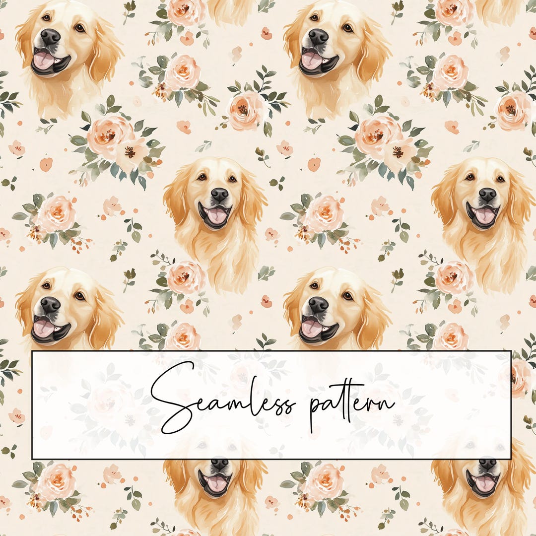 Watercolor Golden Retriever Seamless Pattern, Cute Dog With Flowers ...