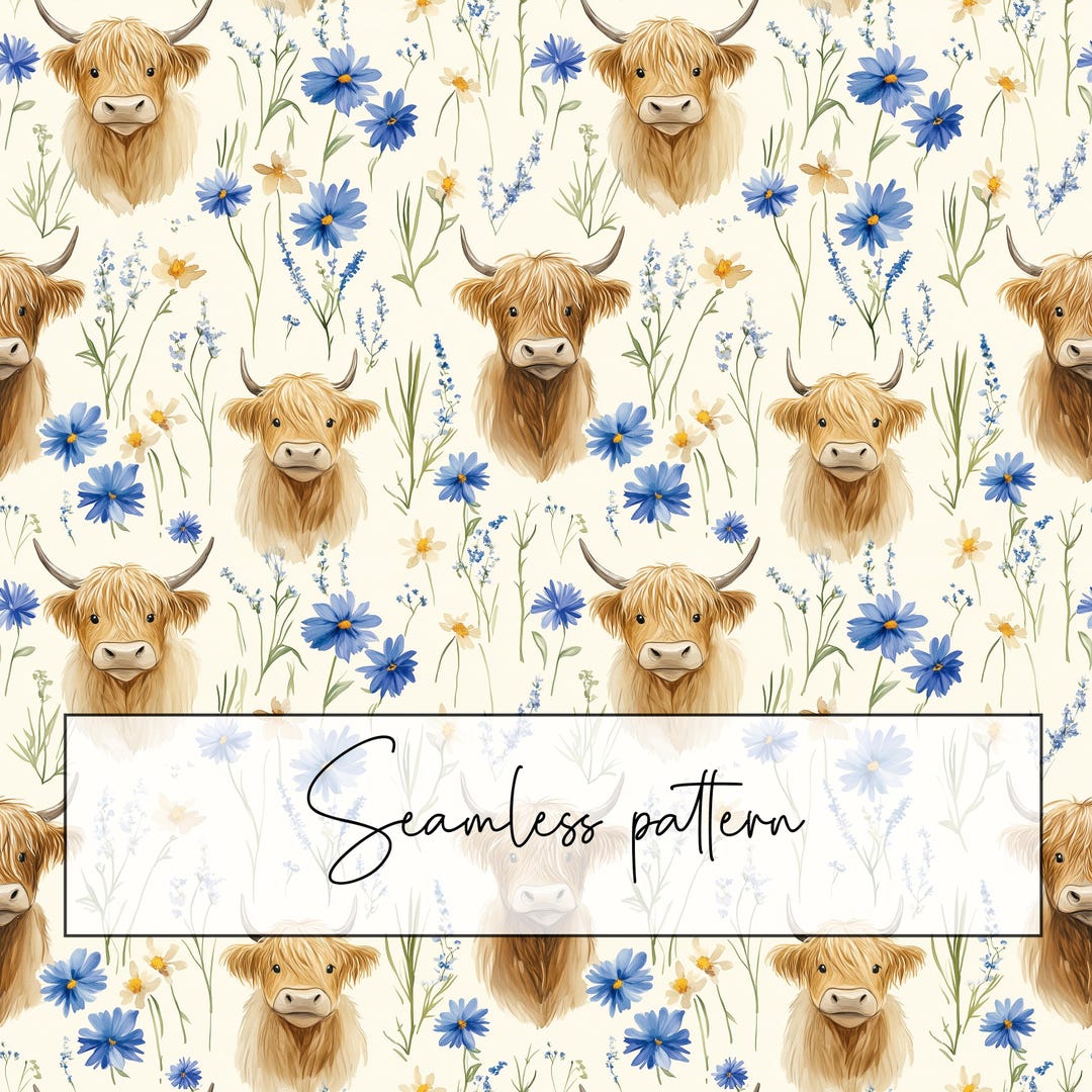 Blue Flowers Highland Cow Seamless Pattern, Watercolor Cow Wildflowers ...