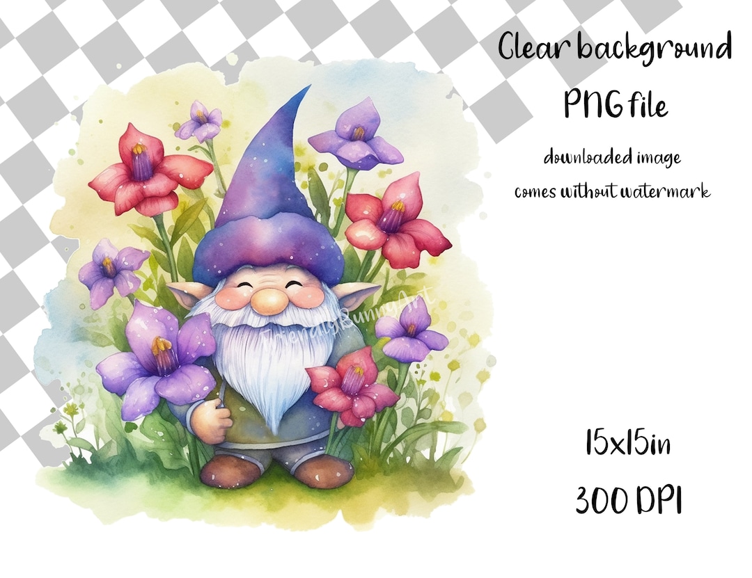 Watercolour Purple Gnome PNG, Cute Spring Gnome Clipart, Floral Garden ...