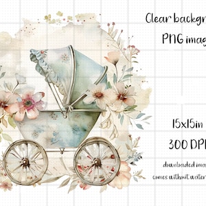 Watercolour Baby Stroller PNG, Cute Pram, Vintage Blue Stroller Clipart ...