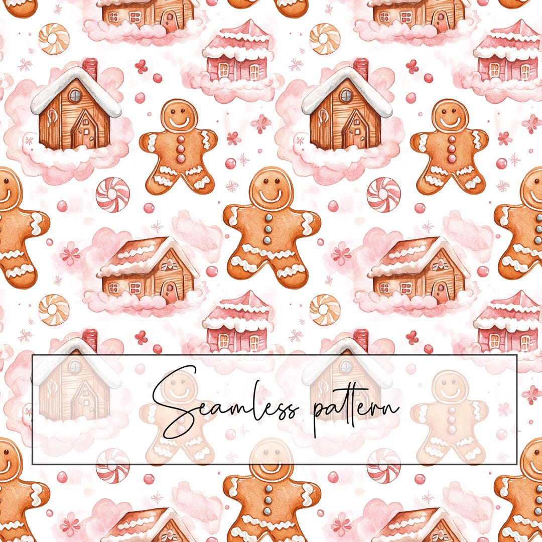 Christmas Pink Cute Gingerbread Man and House Seamless Pattern ...