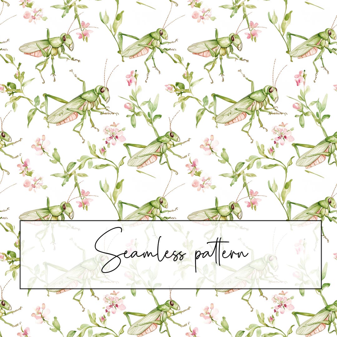 Grasshopper Seamless Pattern, Cute Grasshopper Pink Flowers Repeat ...