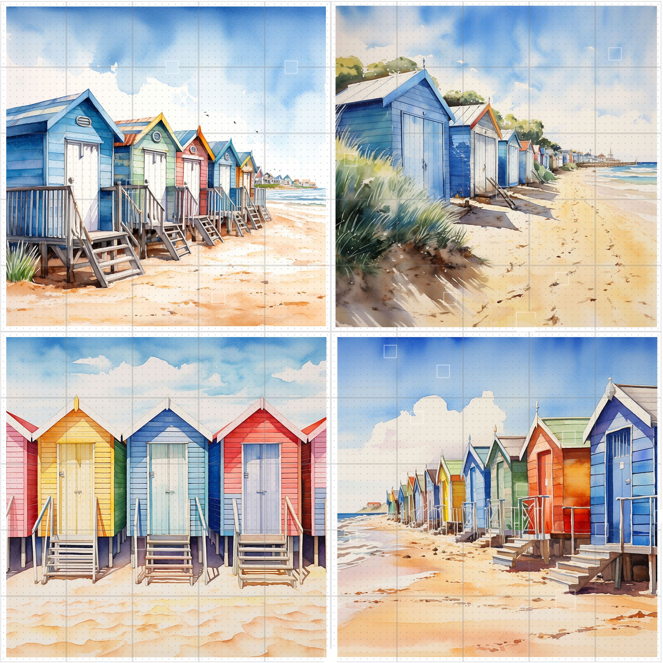 Beach Hut Row, Bundle of 12 JPG Clipart, Watercolour, Colourful Beach ...