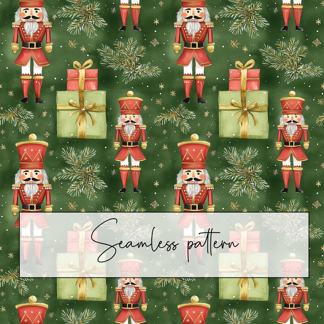 Christmas Nutcracker Seamless Pattern, Festive Green Gold Red Repeat Pattern, Digital Paper ...