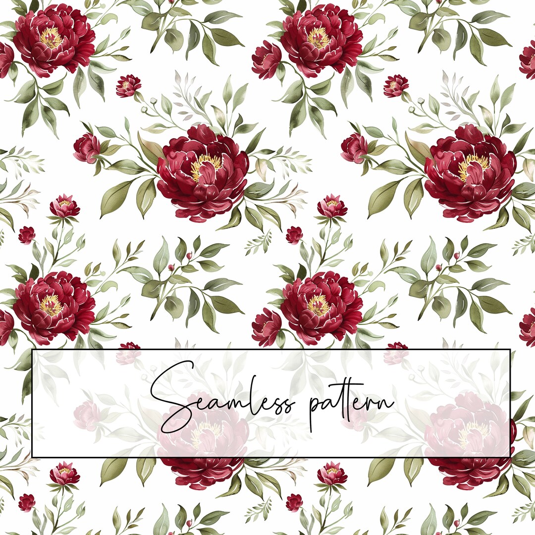 Watercolor Burgundy Peony Seamless Pattern, Rich Burgundy Flower Repeat ...