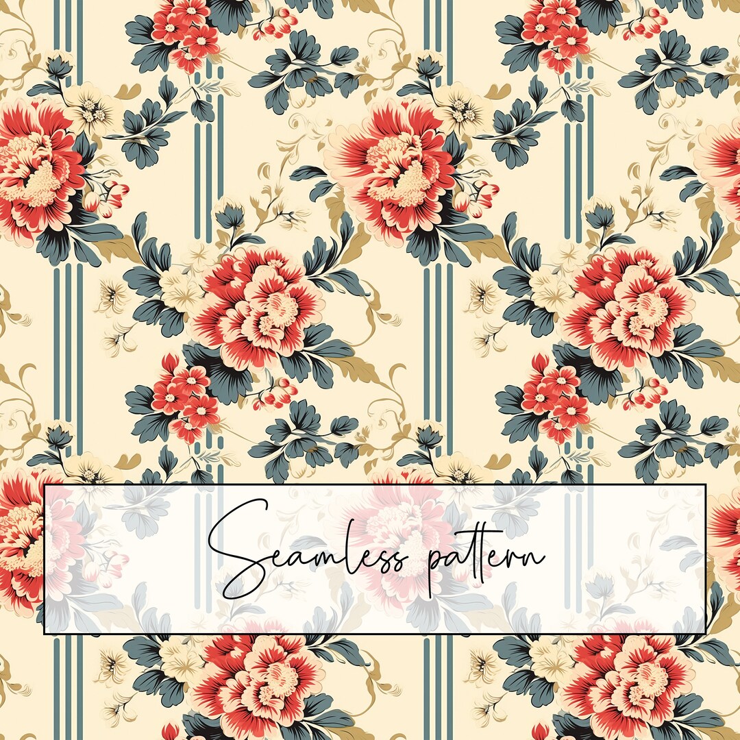 70s Floral Seamless Pattern, Muted Pale Red Blue Beige 1970s Colors ...