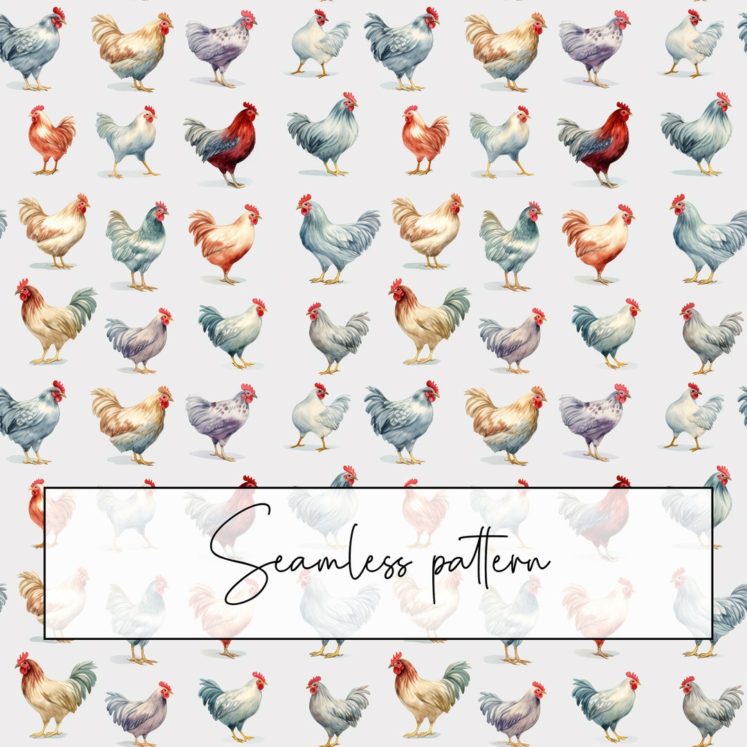 Watercolor Chicken Line up Row Seamless Pattern, Farm Rooster Repeat ...