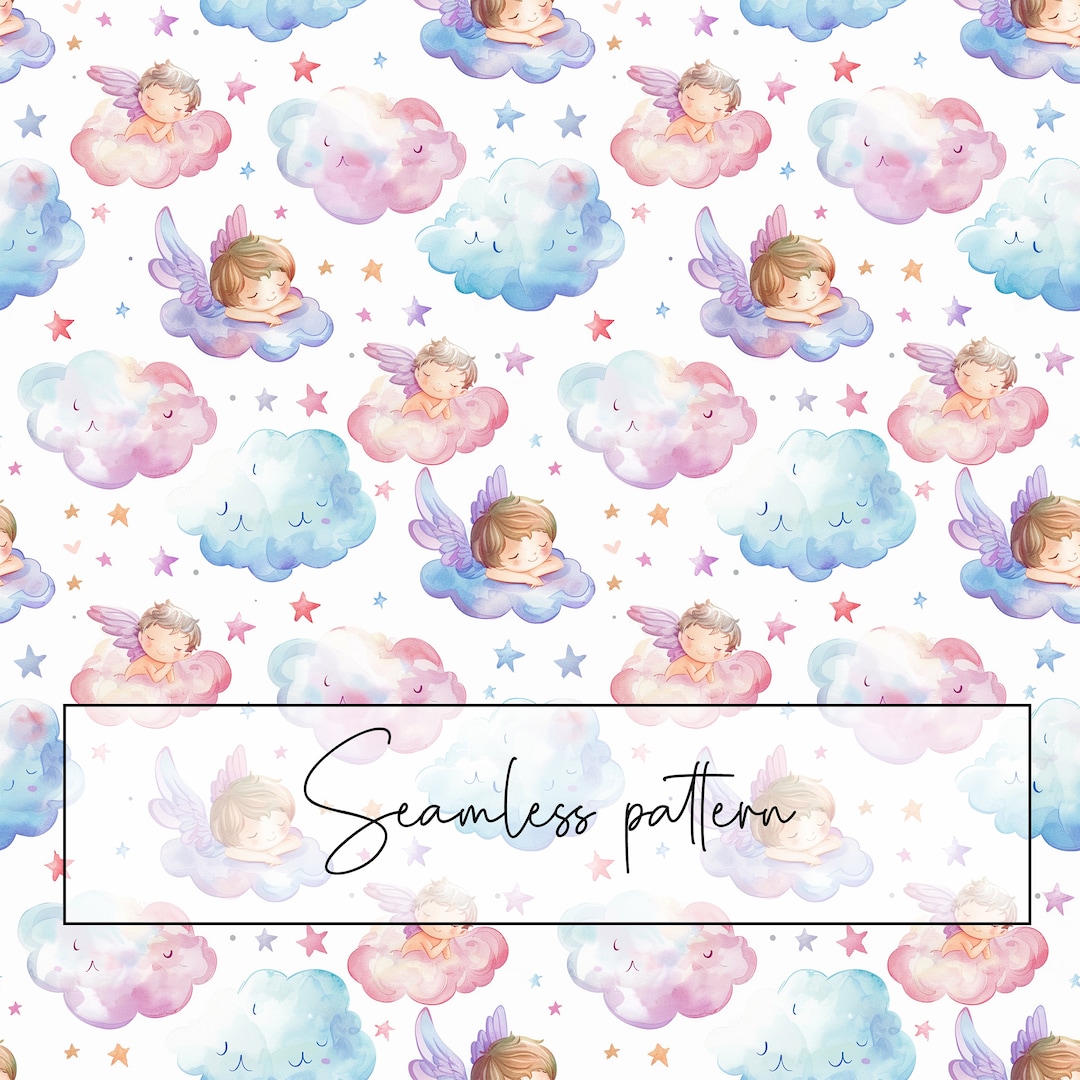 Watercolor Pastel Angels on Clouds Seamless Pattern, Baby Angel Repeat ...