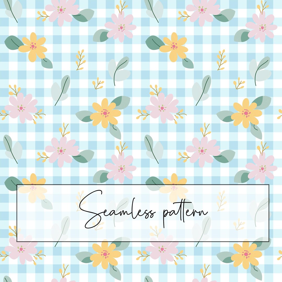 Modern Blue Gingham Floral Seamless Pattern, Pastel Pink Orange Floral ...