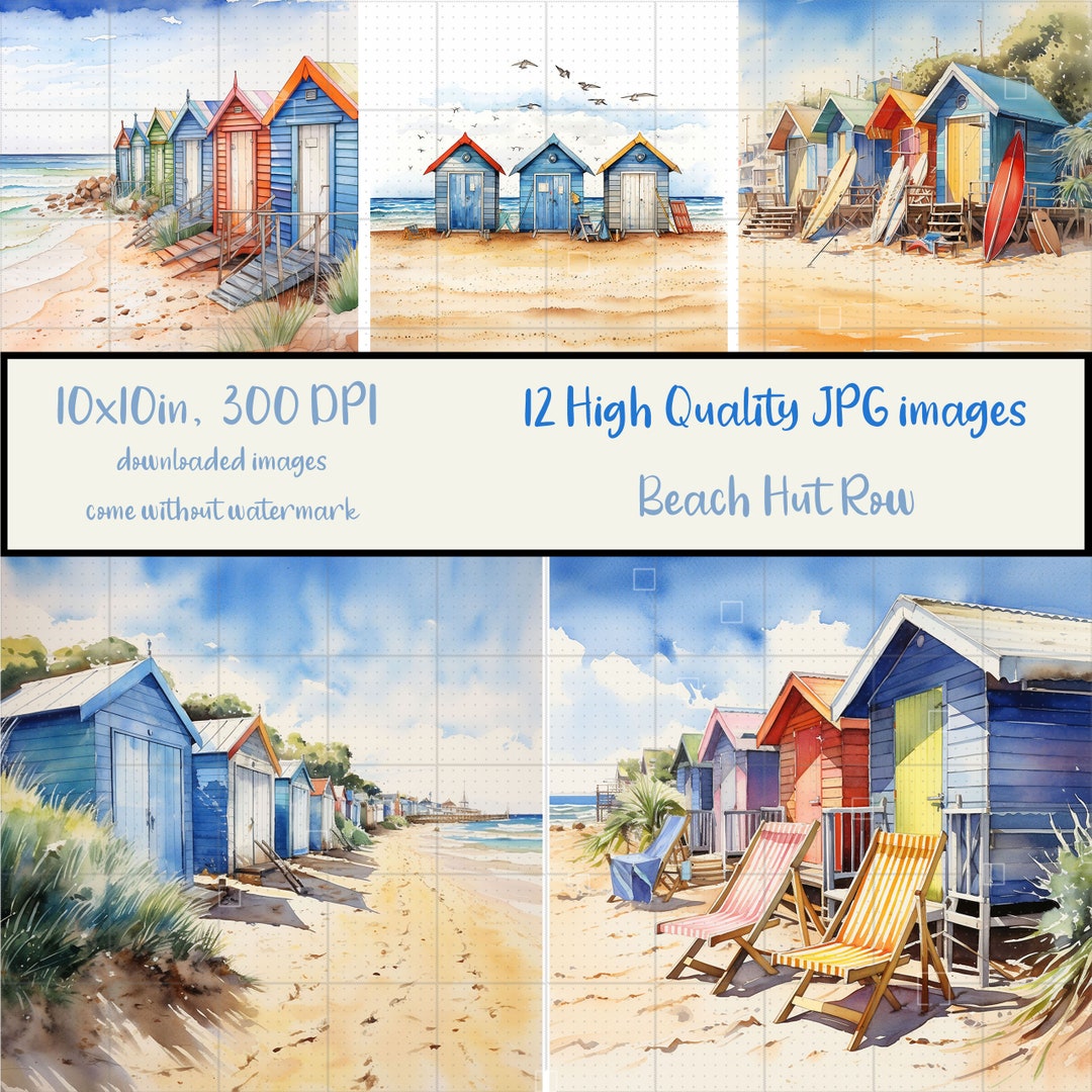 Beach Hut Row, Bundle of 12 JPG Clipart, Watercolour, Colourful Beach ...