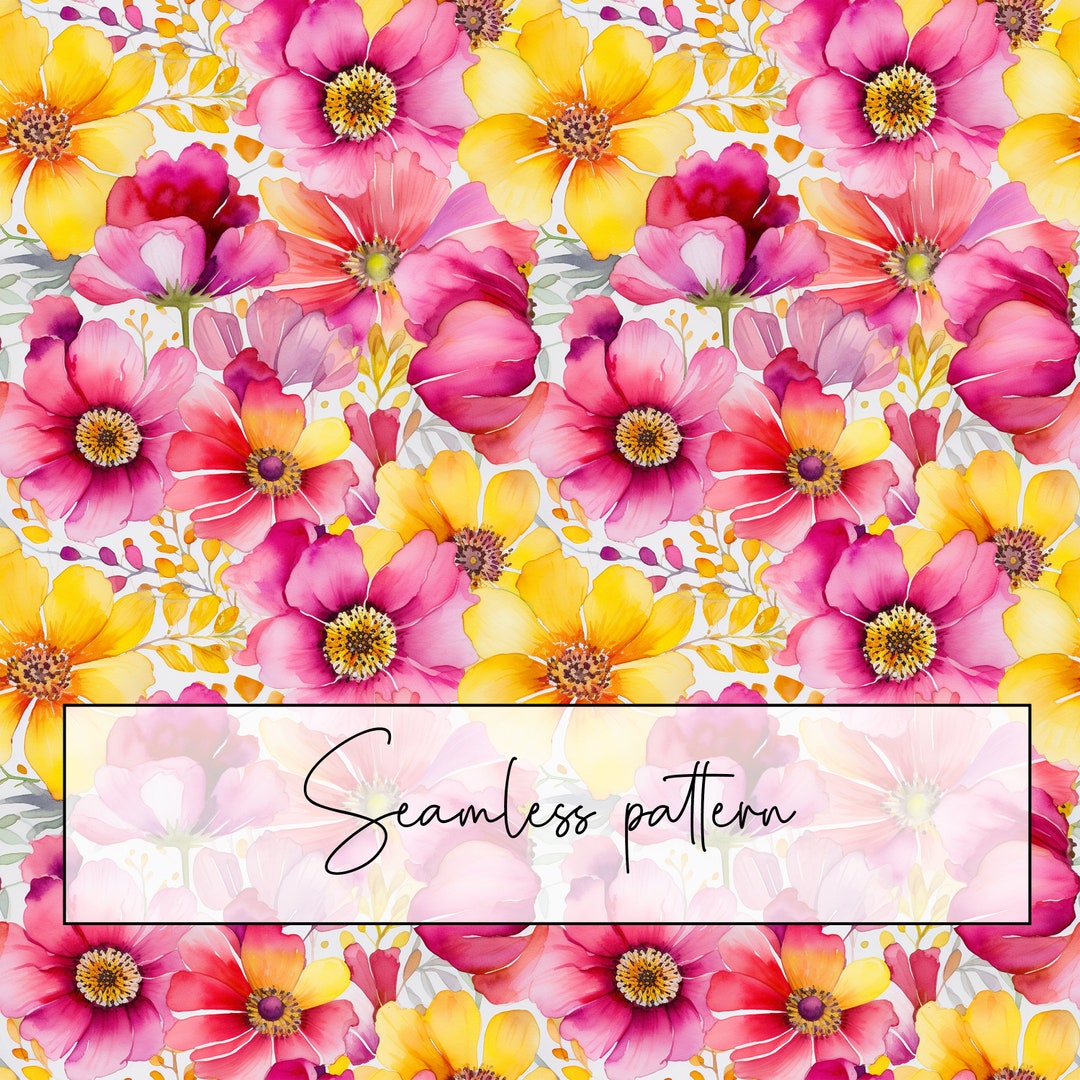 Watercolor Pink and Yellow Flowers Seamless Pattern, Spring Warm Floral ...