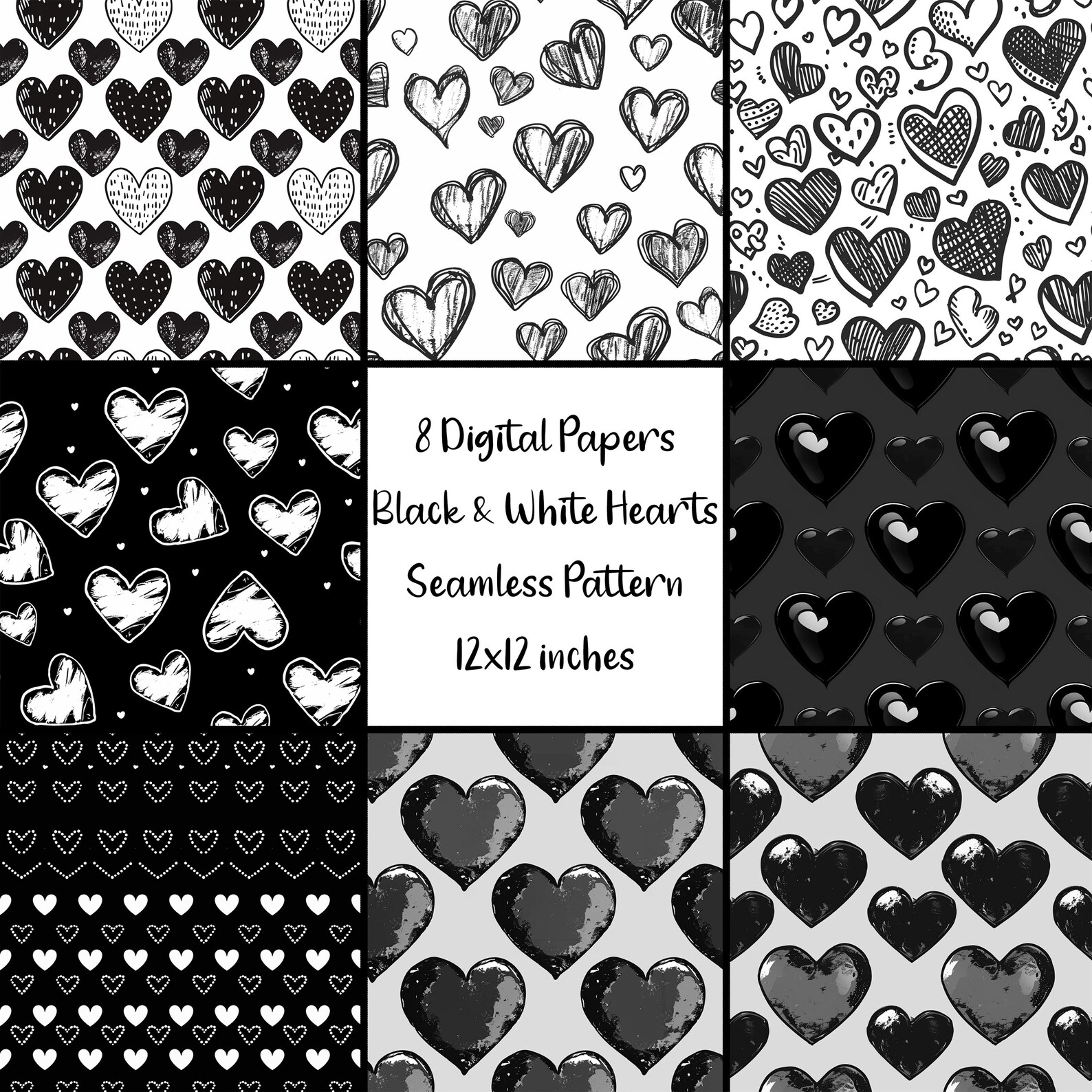 Black and White Hearts Seamless Pattern, Monochrome Repeat Pattern ...