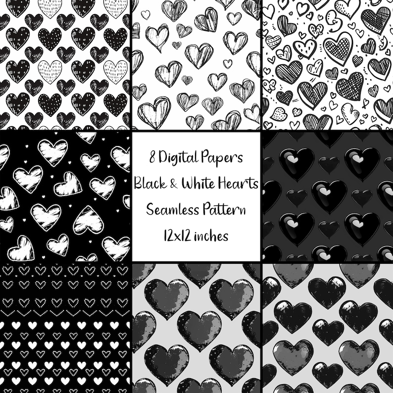 Black and White Hearts Seamless Pattern, Monochrome Repeat Pattern ...