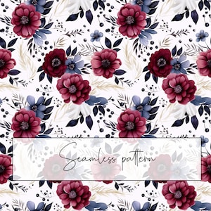 Watercolor Burgundy and Navy Blue Floral Seamless Pattern, Flower ...