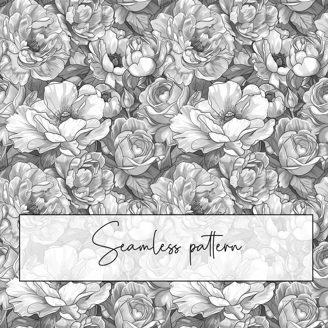 Monochrome Gray Flowers Seamless Pattern, Black and White Floral Repeat ...