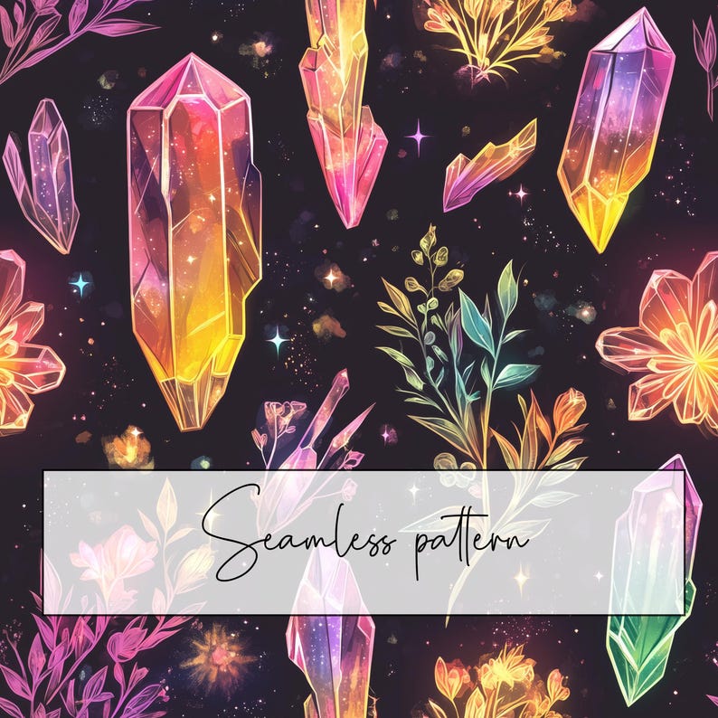 Colorful Celestial Crystals Seamless Pattern, Glowing Rainbow Gemstones ...