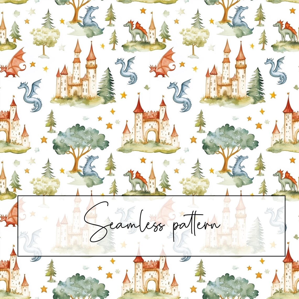 Fairytale Dragon Castle Seamless Pattern, Cute Magical Dragons Stars ...