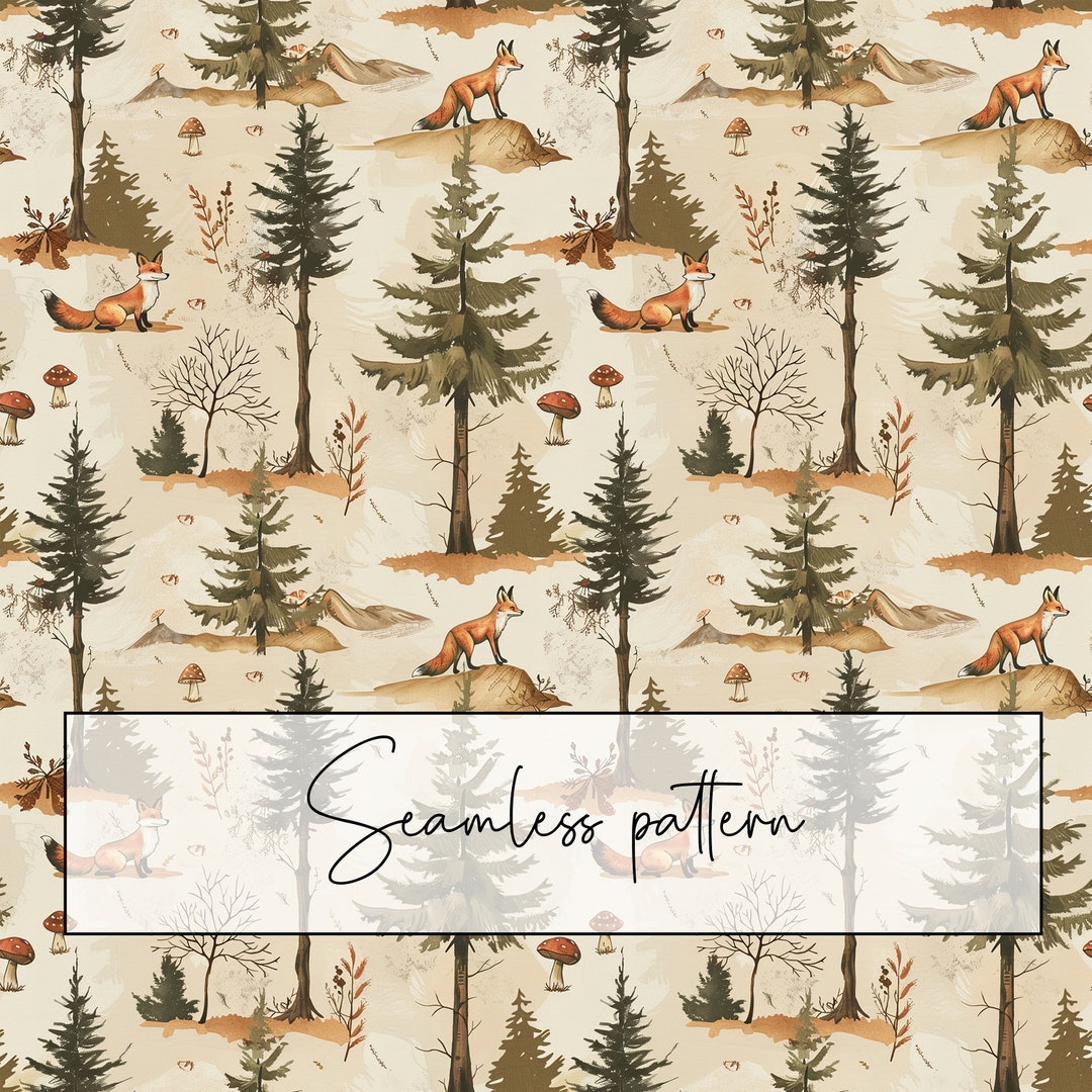 Woodland Fox Vintage Style Seamless Pattern, Forest Trees Mushroom ...