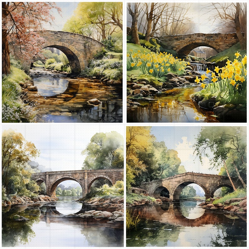 Old Stone Bridge Bundle of 16 JPG Images, Watercolor, Rustic, River ...