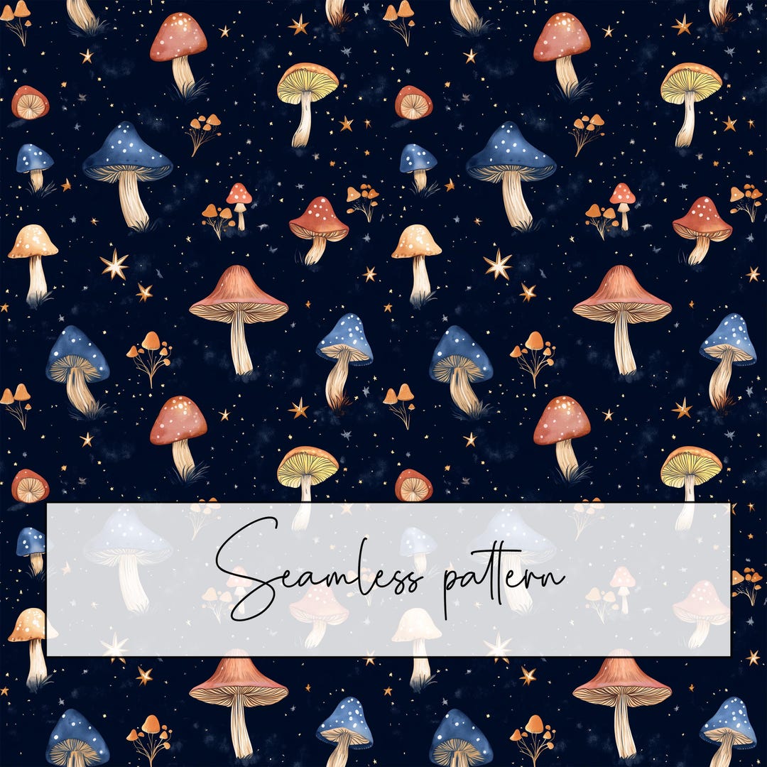 Colorful Mushroom Seamless Pattern, Dark Background, Stars, Mystical ...