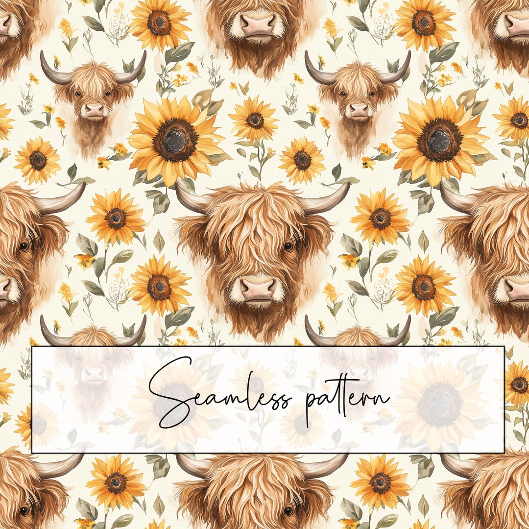Sunflower Highland Cow Seamless Pattern, Cute Watercolor Cow Yellow ...