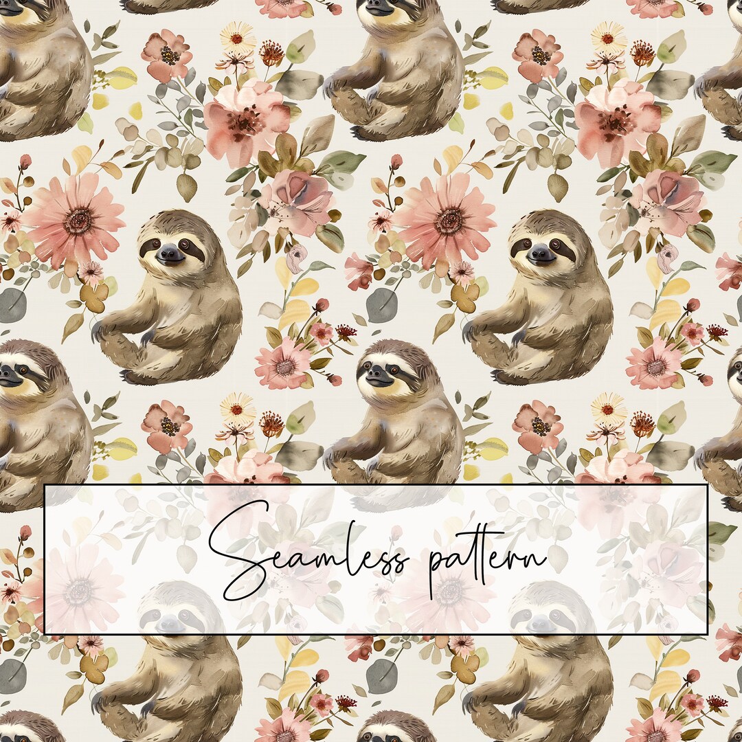 Blush Floral Beige Sloth Seamless Pattern, Neutral Cute Sloth Repeat ...