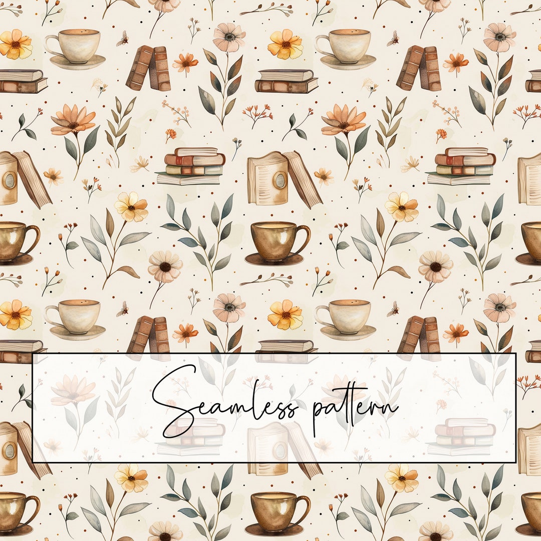 Books and Coffee Floral Seamless Pattern, Neutral Beige Background ...