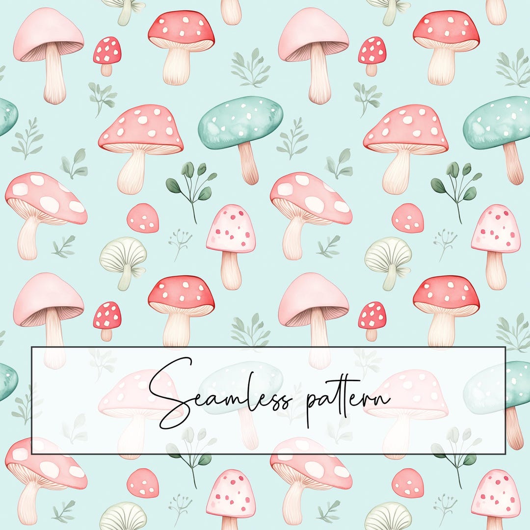 Pastel Mushroom Seamless Pattern, Pink Mushroom Mint Green Background ...