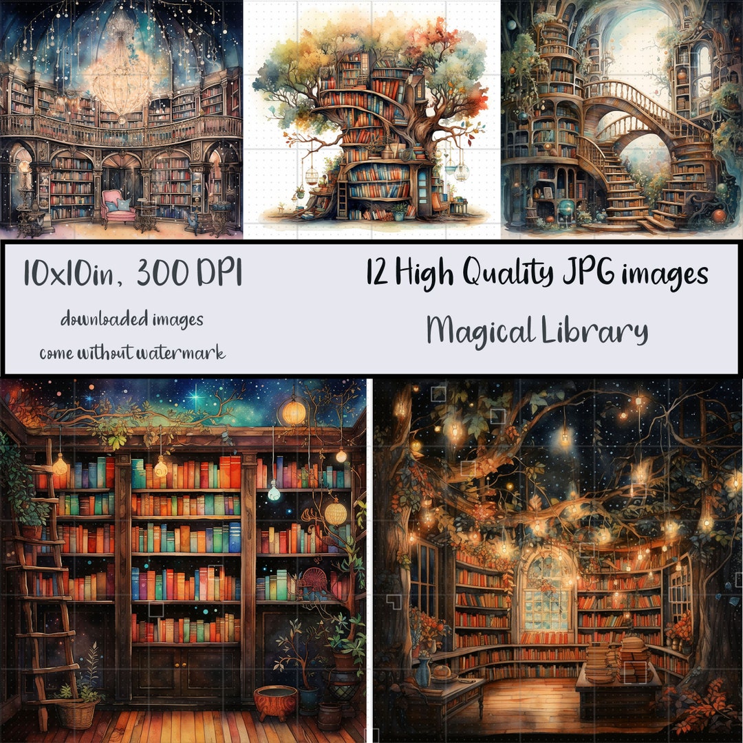 Magical Library Bundle of 12 JPG Clipart, Watercolor Fantasy Library ...