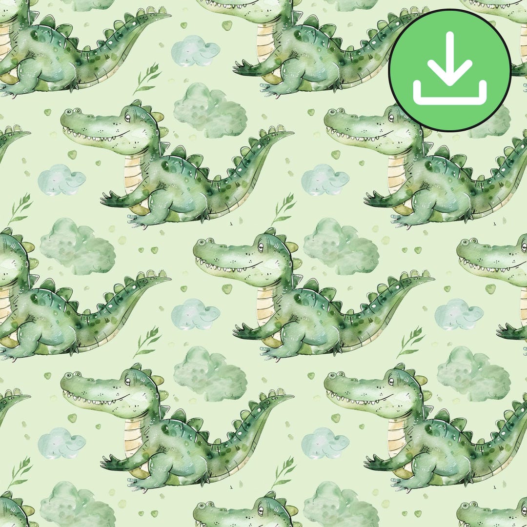 Alligator Seamless Pattern, Green Cartoon Watercolor Alligator Repeat ...