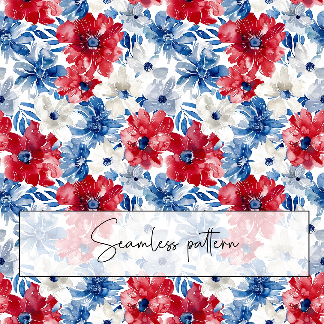 Blue and Red Flowers Seamless Pattern, 4th of July Repeat Pattern ...