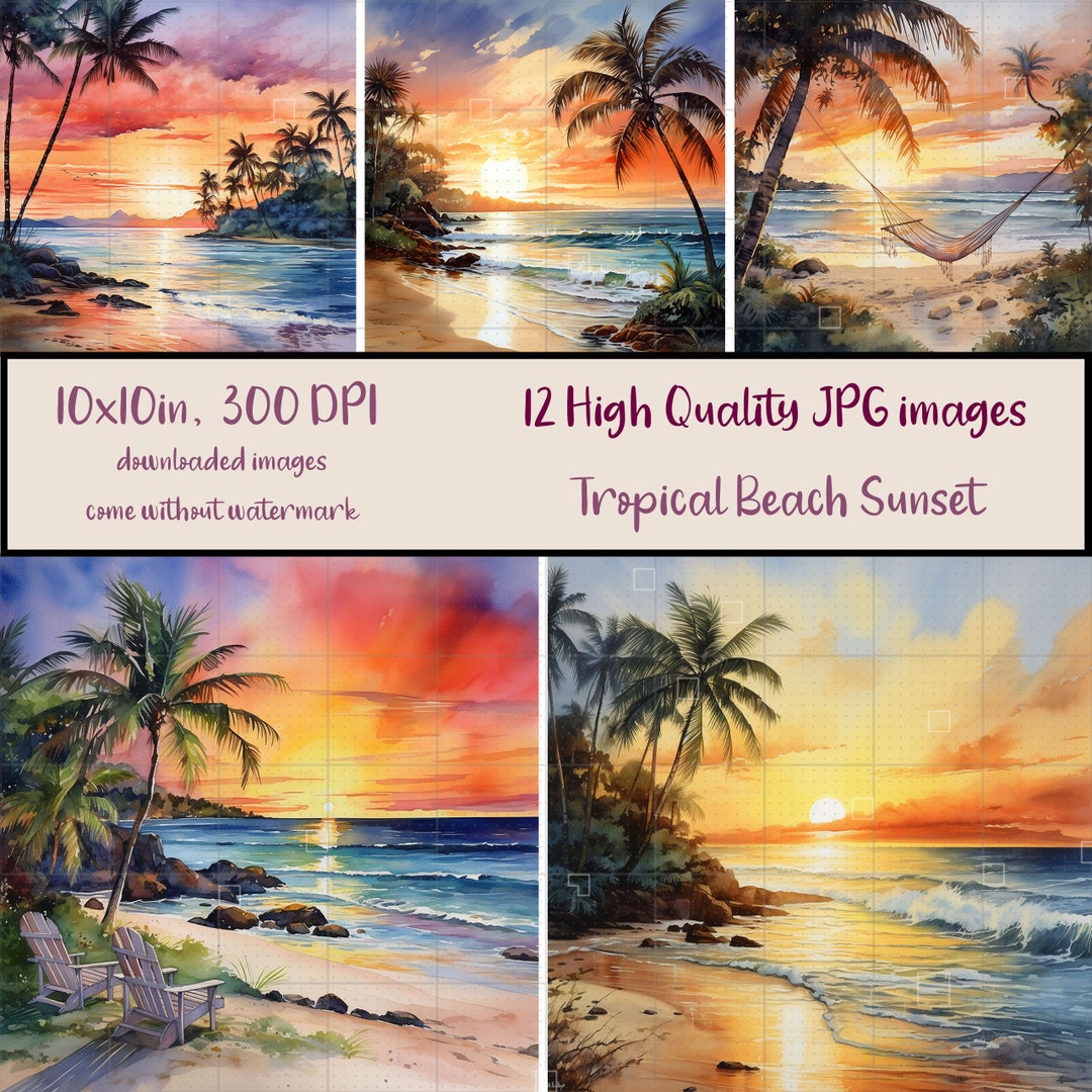 Tropical Beach Sunset, Bundle of 12 JPG Clipart, Watercolor Evening ...