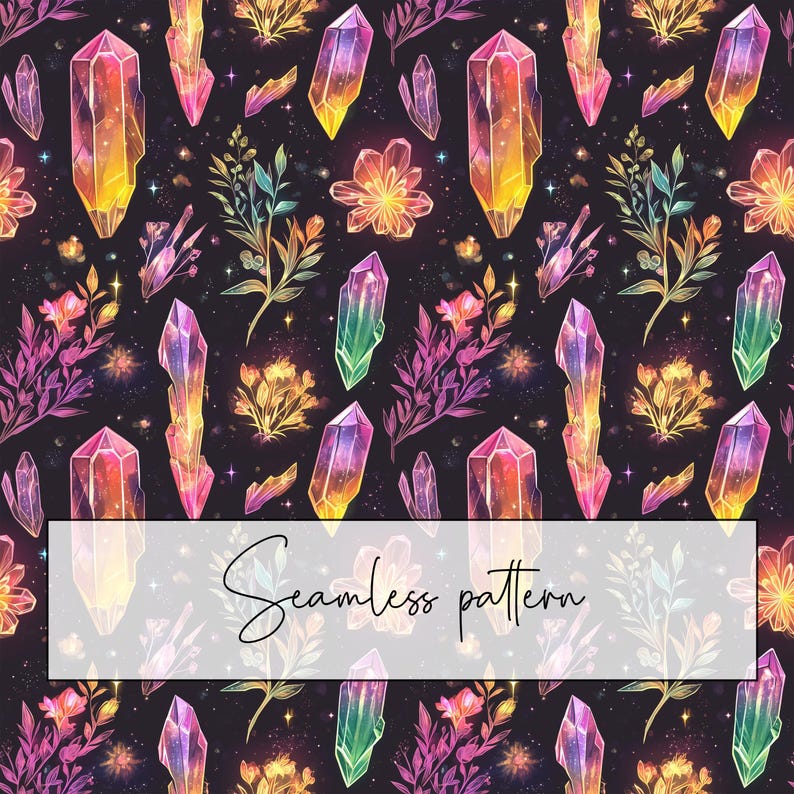 Colorful Celestial Crystals Seamless Pattern, Glowing Rainbow Gemstones ...