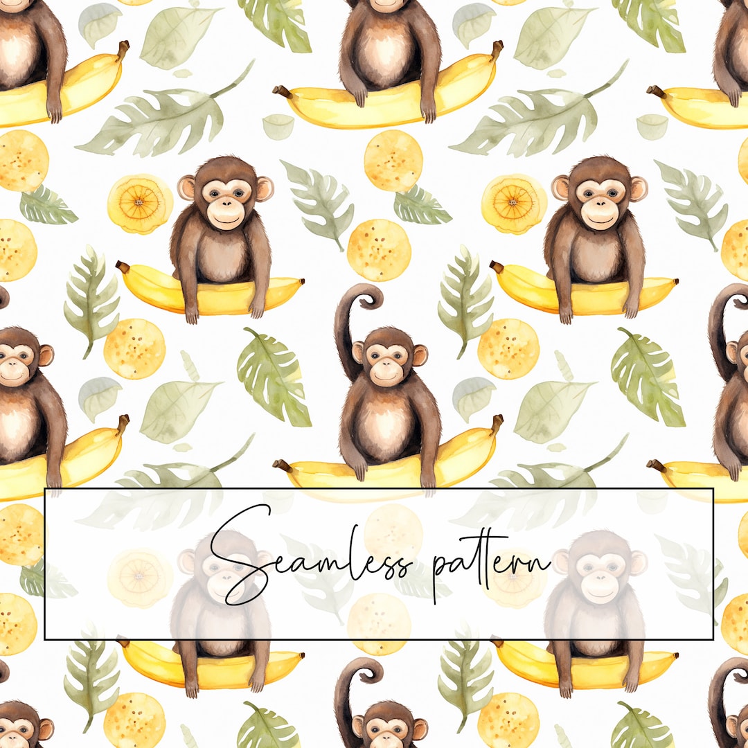 Monkey Banana Seamless Pattern, Watercolor Cute Monkey Repeat Pattern ...