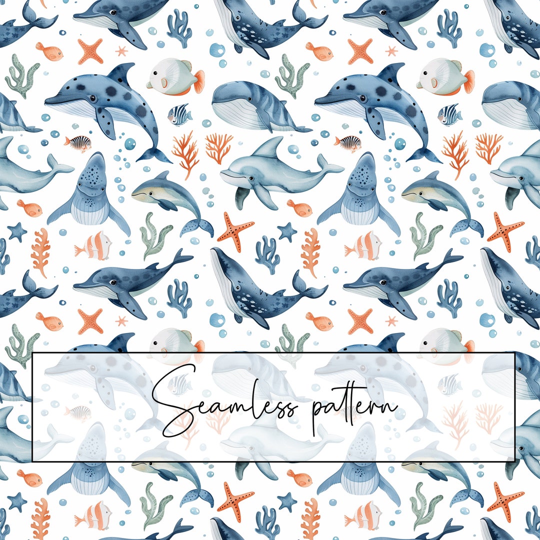Watercolor Ocean Animals Seamless Pattern, Whale Fish Starfish Coral ...