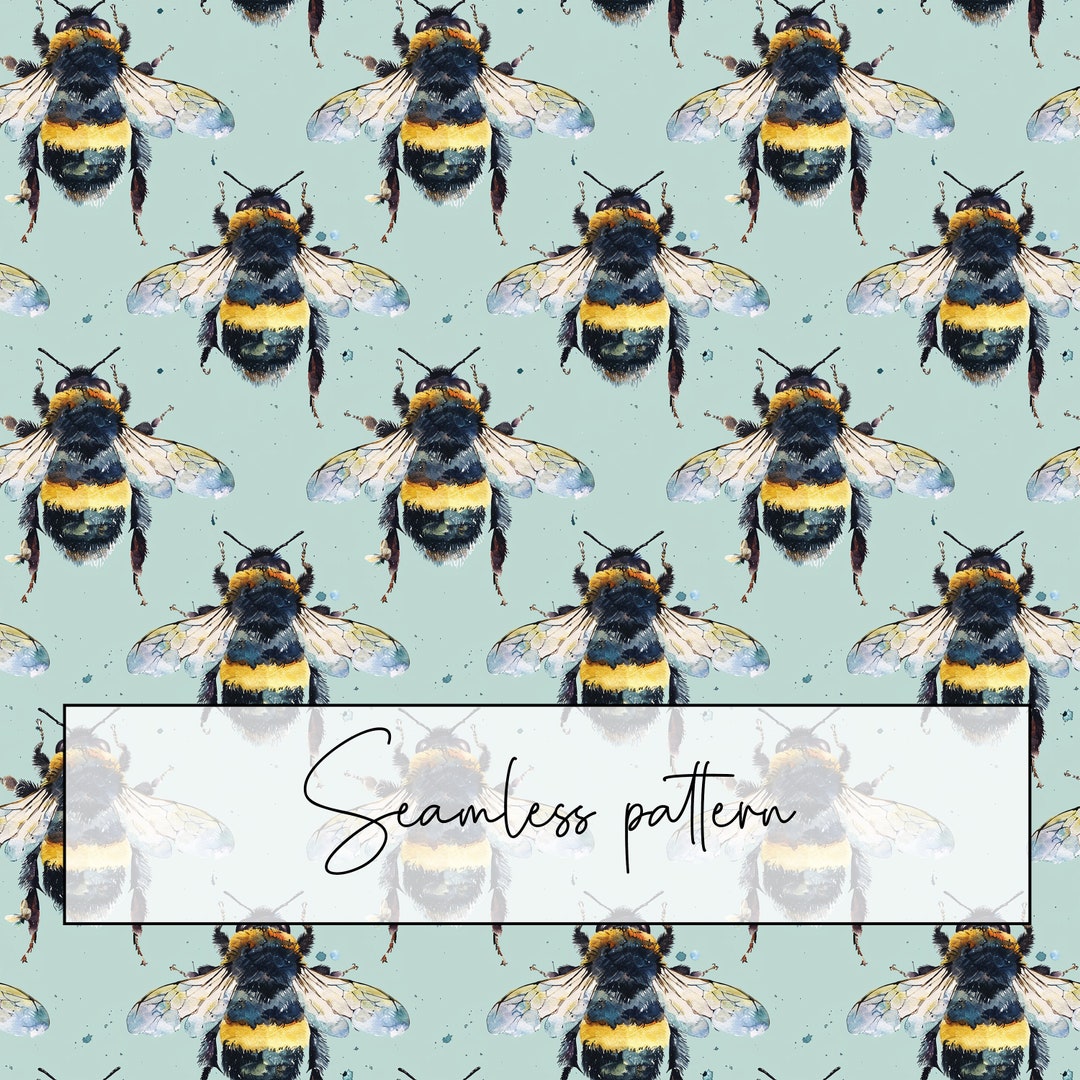 Watercolor Bee Seamless Pattern, Mint Background Bumblebee Repeat ...