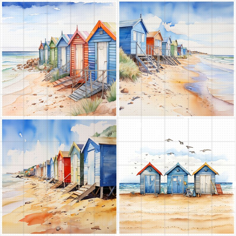 Beach Hut Row, Bundle of 12 JPG Clipart, Watercolour, Colourful Beach ...