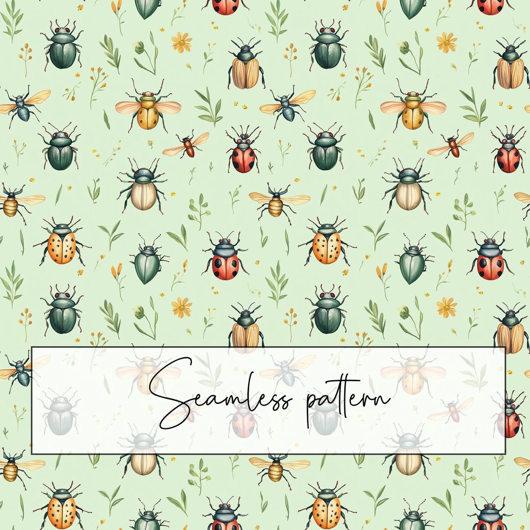Cute Bugs Seamless Pattern, Beetles Bugs Light Green Floral Background ...