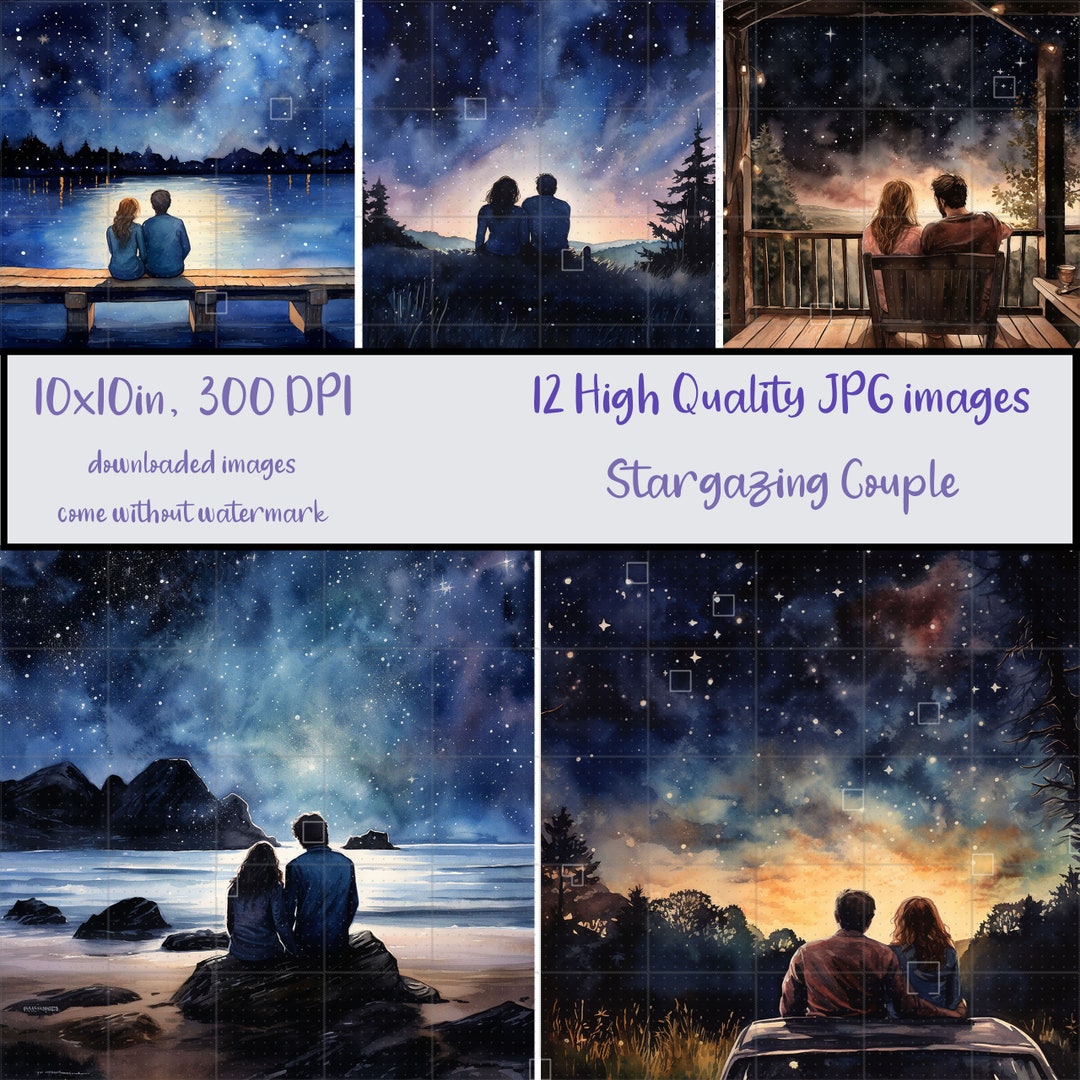 Romantic Stargazing Couple, Bundle of 12 JPG Clipart, Watercolour ...