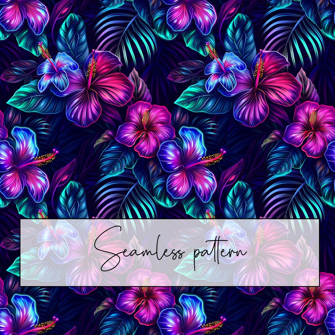 Neon Dark Hibiscus Seamless Pattern, Hawaii Glowing Bright Exotic ...