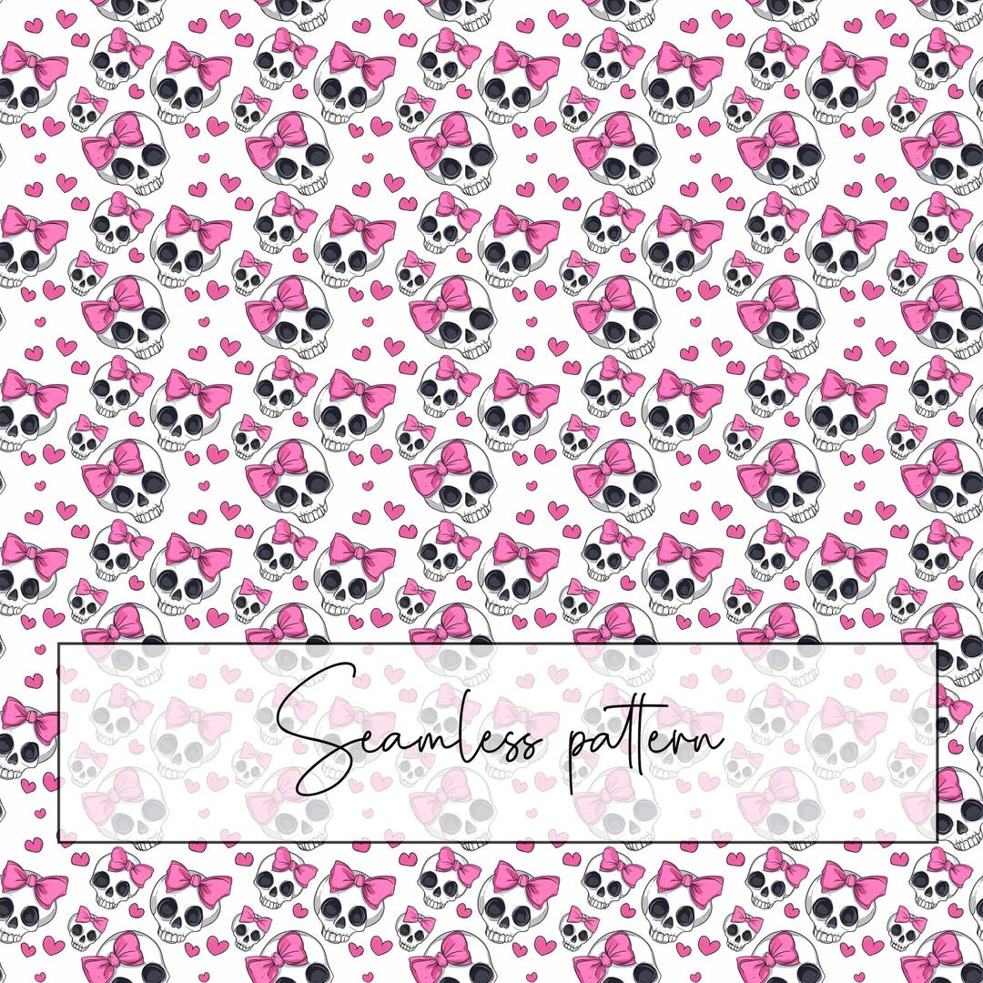 Emo Skulls With Pink Bows and Hearts Seamless Pattern, 2000s Pop Punk ...