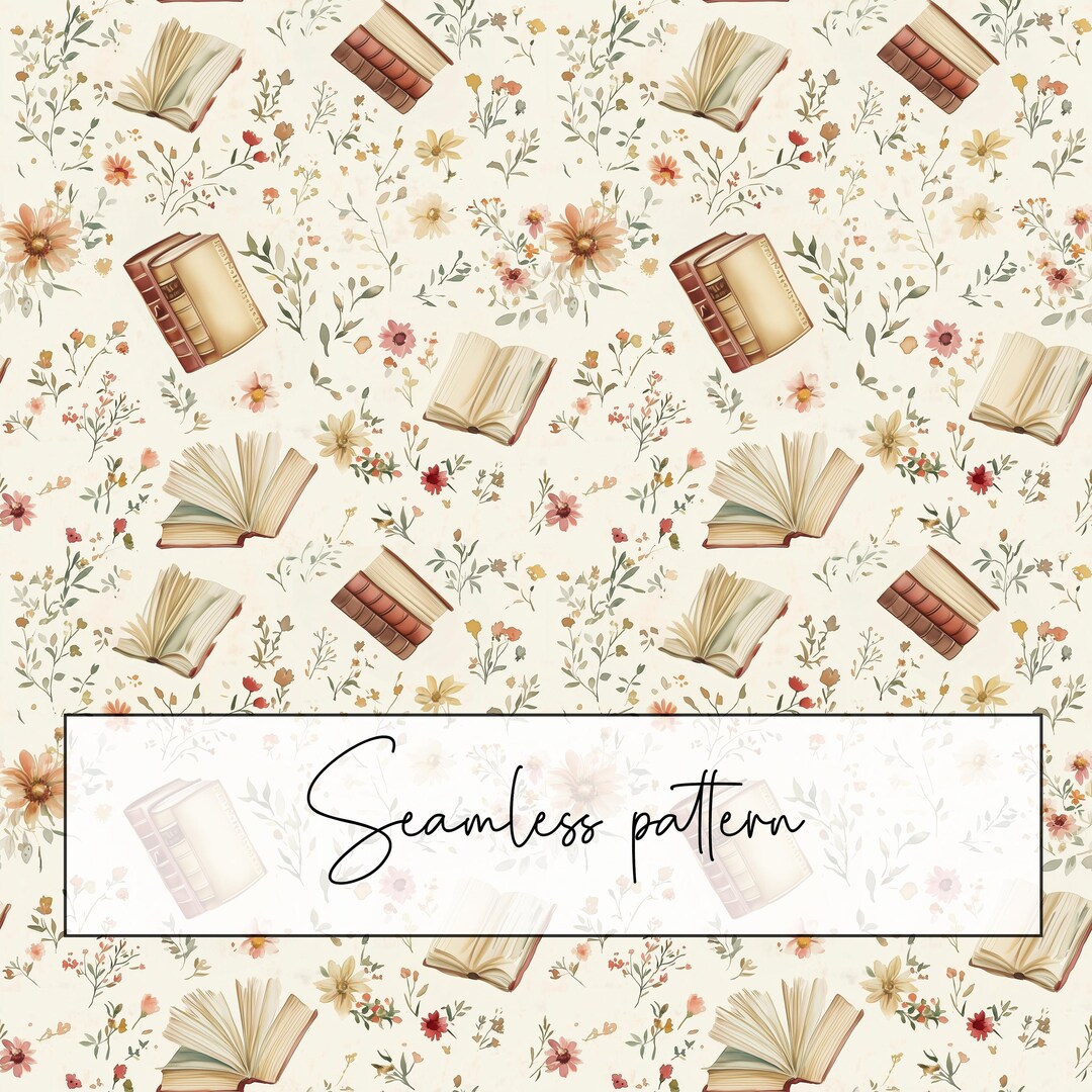 Books and Flowers Seamless Pattern, Neutral Beige Background Bookish ...