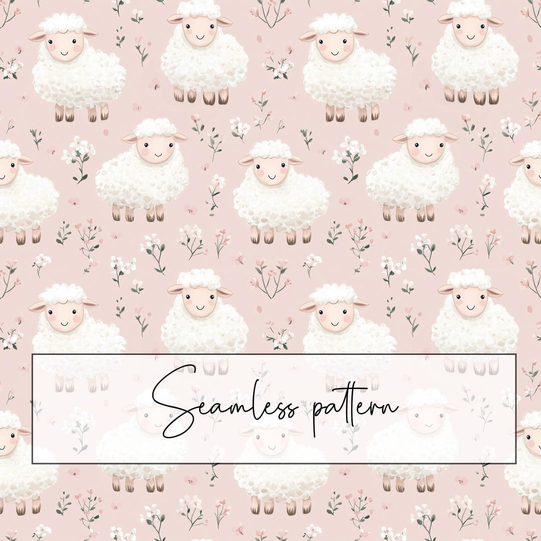 Cute Watercolor Sheep Seamless Pattern, Pastel Pink Floral Background ...