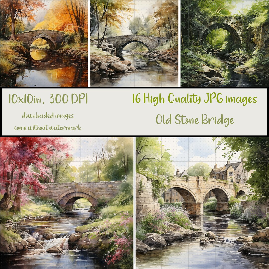 Old Stone Bridge Bundle of 16 JPG Images, Watercolor, Rustic, River ...