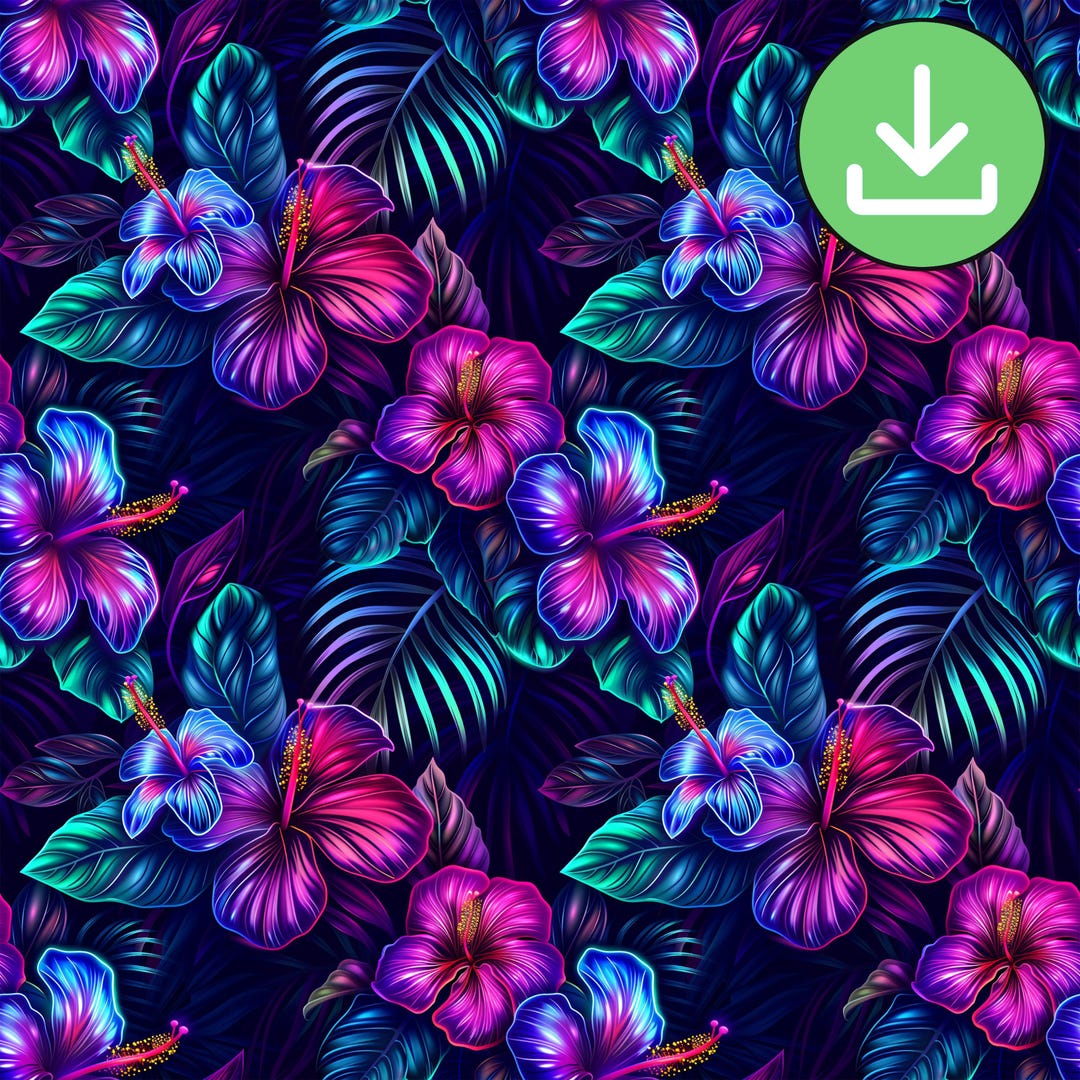 Neon Dark Hibiscus Seamless Pattern, Hawaii Glowing Bright Exotic ...
