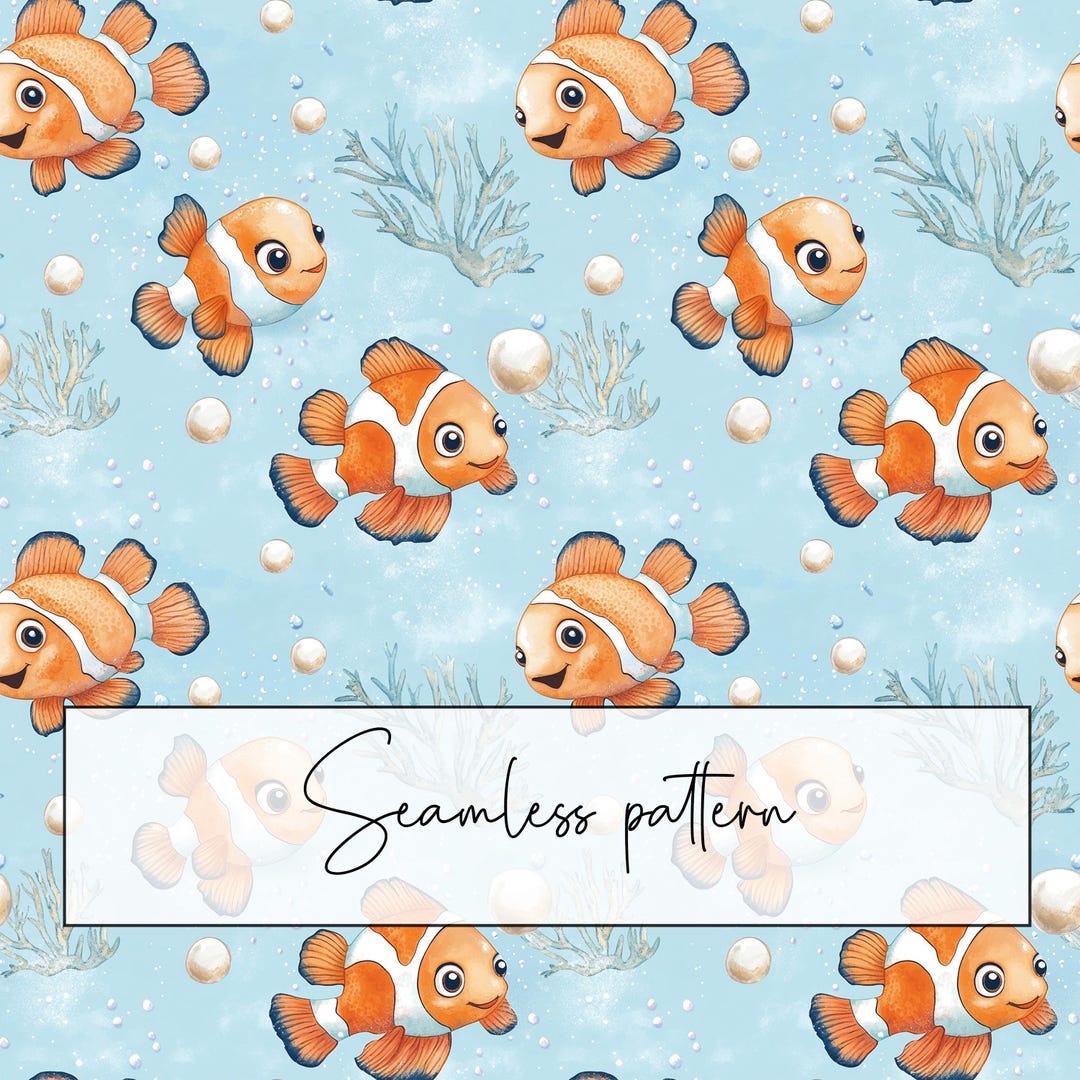 Clownfish Seamless Pattern, Cute White and Orange Tropical Fish Repeat ...