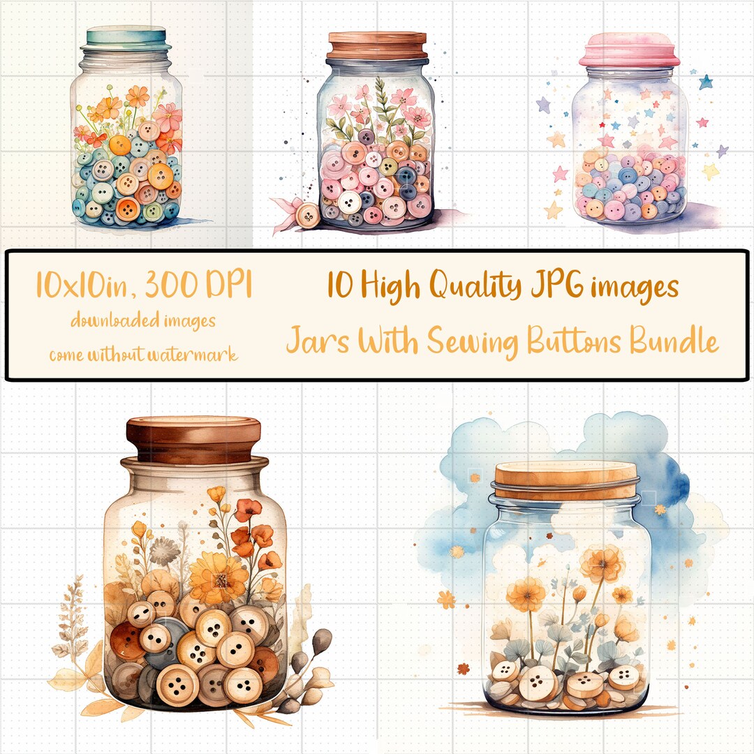 Sewing Buttons in a Jar Bundle of 10 JPG Clipart, Watercolour, Floral ...