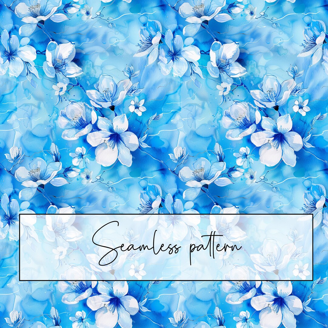 Loose Watercolor Bright Blue Floral Seamless Pattern, Vibrant Blue ...