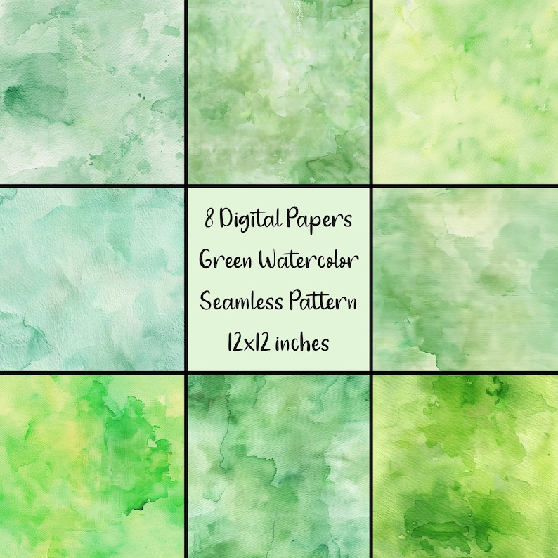 Green Watercolor Digital Paper Bundle, Repeat Pattern, Seamless ...