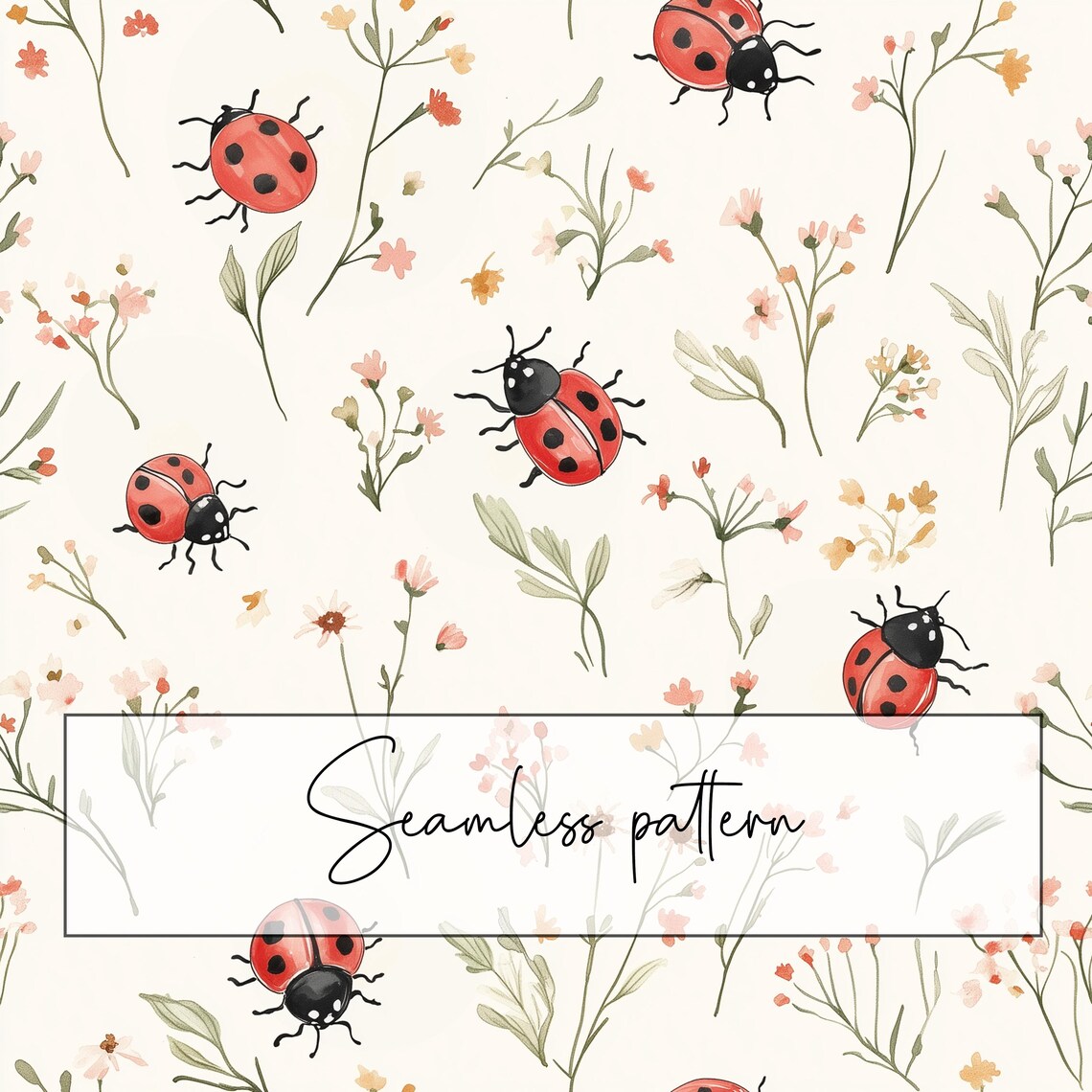 Cute Ladybug Seamless Pattern, Ladybird Beige Ditsy Pastel Floral ...